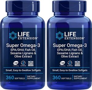 life extension super omega-3 360 softgels (pack of 2), easy to swallow, epa/dha omega3 fish oil, sesame lignans & olive extract