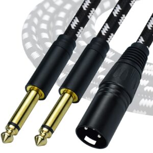 mugteeve dual 1/4 ts mono to xlr male y splitter cable, 10 feet stereo l/r quarter inch to xlr instrument cable, for mixer, electric drum, keyboard recording, nylon braided, black white color