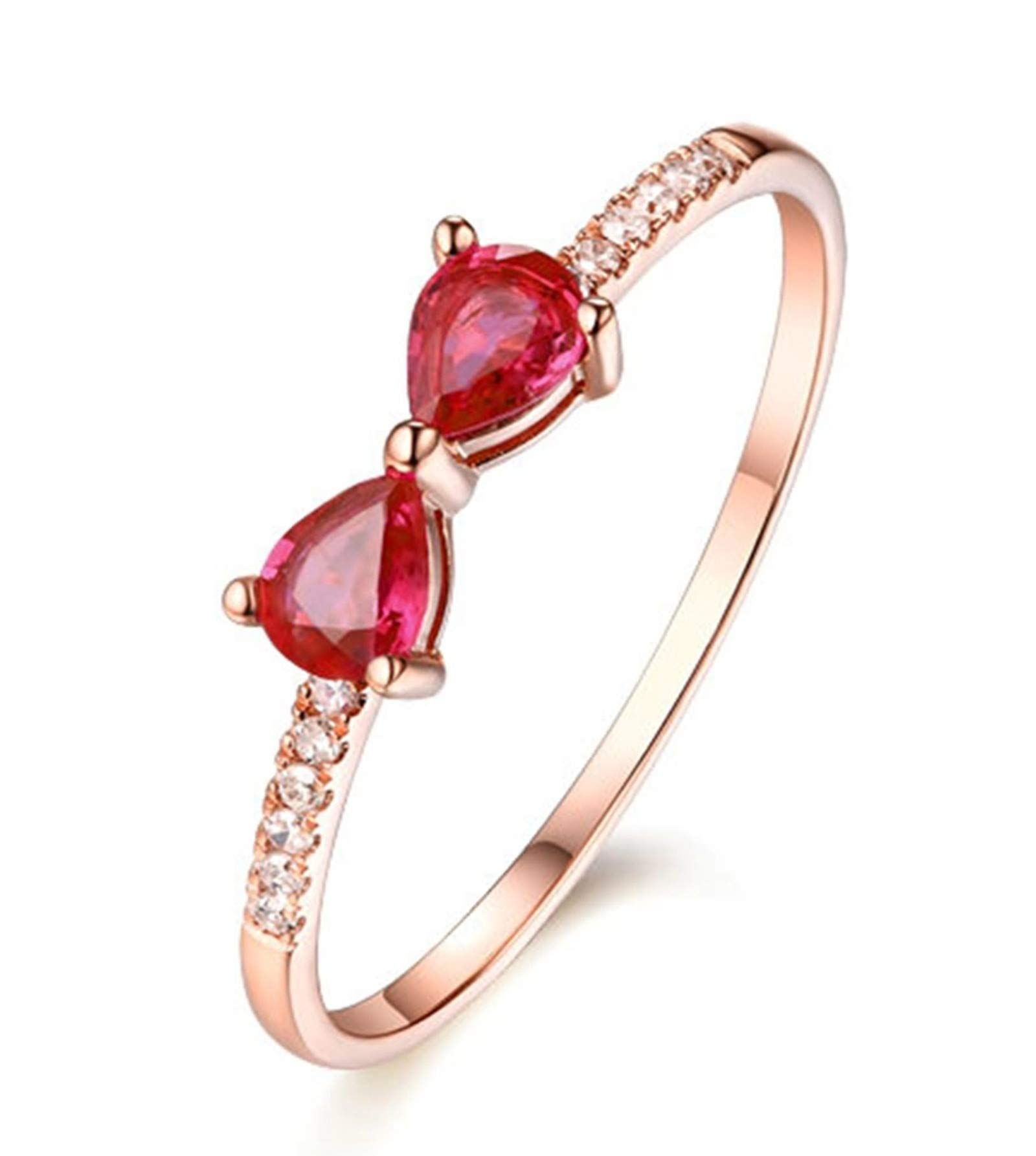 KnBoB Women Bow-Knot Heart Shape 0.4ct Ruby Ring 18K Rose Gold Promise Wedding Engagement Bridal Anniversary Ring Size 11