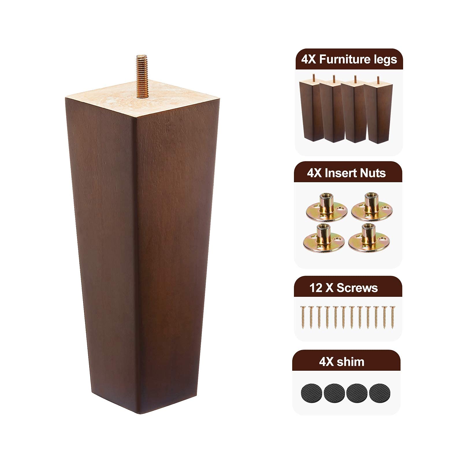 Wood Furniture Legs 8 inch Sofa Legs Pack of 4,Couch Legs Square Brown,Mid Century Desk Legs,Sofa Replacement Parts, for Dresser Legs Sideboard Recliner Couch Circle Chair Couch Riser Coffee Table