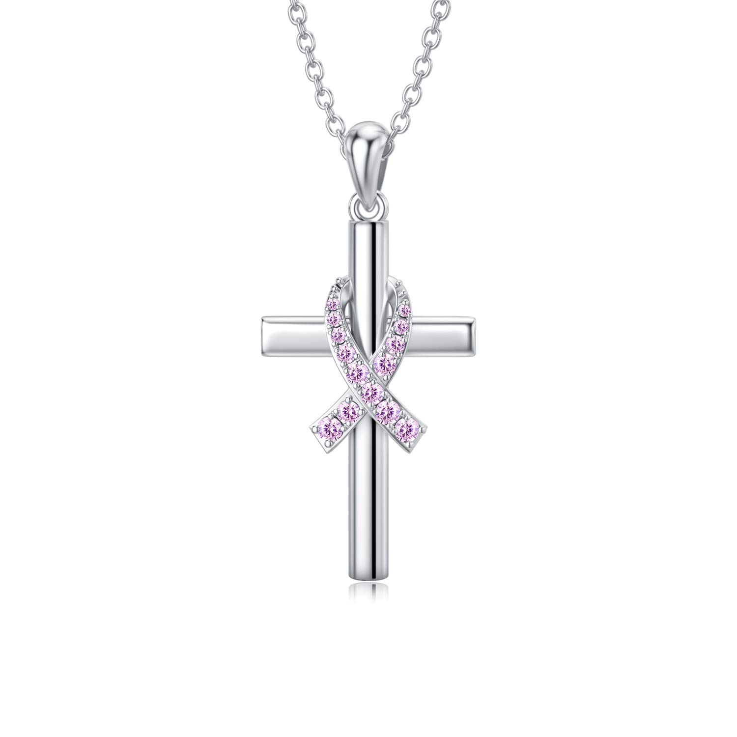 LEECCI 925 Sterling Silver Breast Cancer Awareness Necklace Cross Pendant Necklace Pink Ribbon Necklace Breast Cancer Survivor Gifts for Women