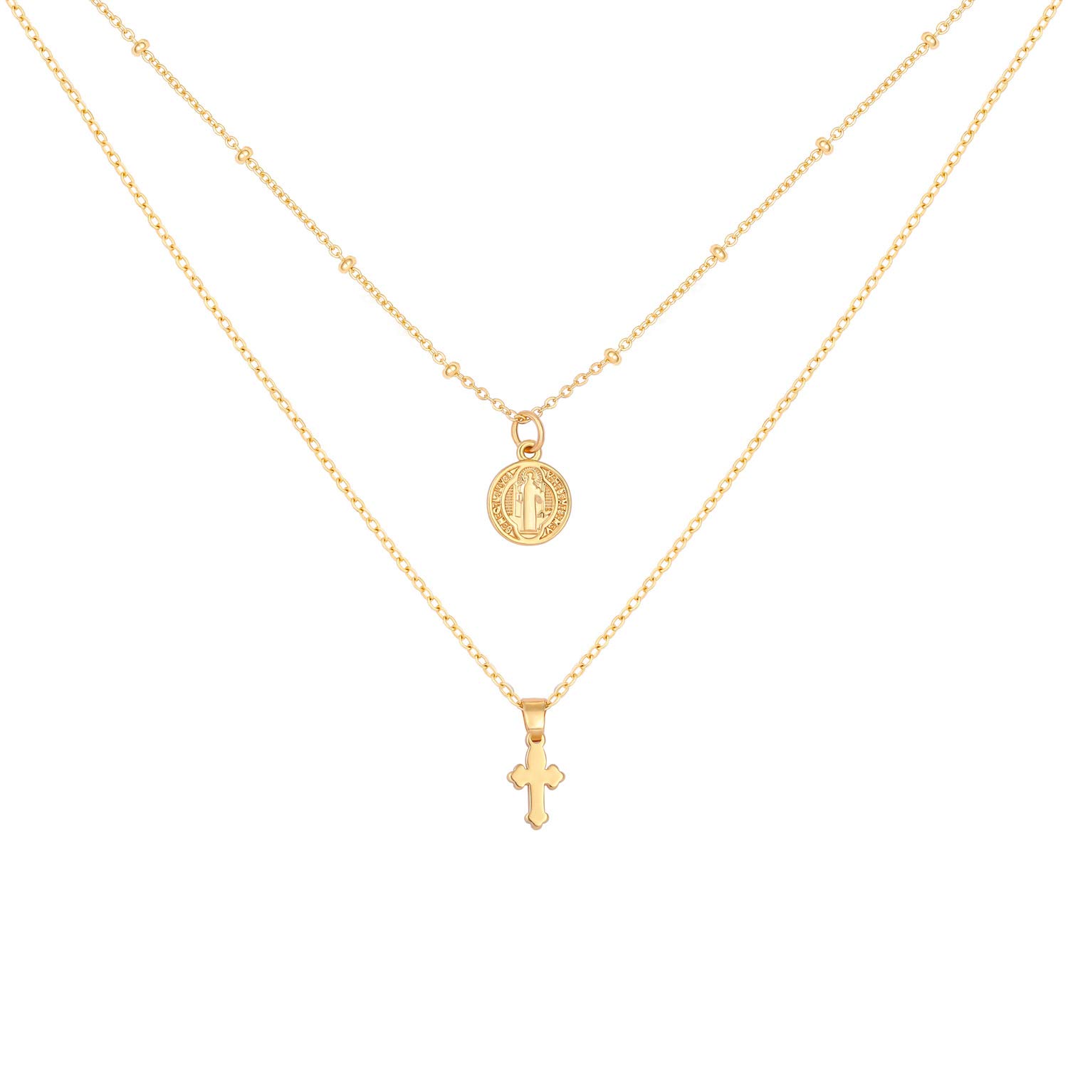 Dainty Tiny 18K Gold St Benedict Medals Layered Cross Necklace for Women Delicate Simple Cute Coin Pendant Statement Double Layering Chain Necklaces Evil Protection Religious Jewelry Catholic Gifts