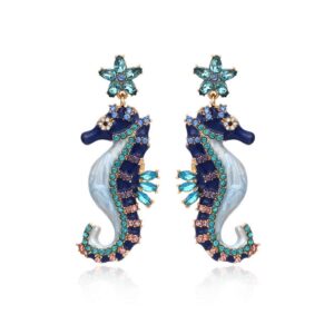 stars and seahorse earrings - navy blue cubic zirconia stars and seahorse dangle earrings,beach & ocean earrings hypoallergenic,cute fish earrings for women/