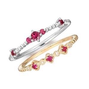 KnBoB Women Stackable Round Shape 0.25ct Ruby Ring 18K Gold + 18K Rose Gold Promise Wedding Engagement Bridal Anniversary Ring Size 11