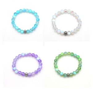 4 pcs mystic mermaid beaded stretch bracelet handmade round glass 8mm multicolor matte beads elastic shining moonstone beads wristband bracelet matte glitter natural stone glass jewelry - 4 pcs