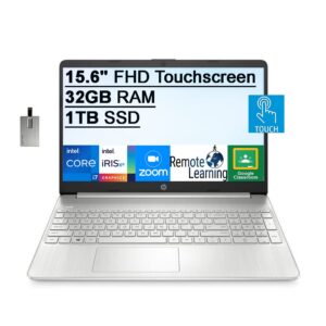 hp 2022 15.6" fhd ips touchscreen laptop computer, 11th gen intel core i7-1165g7 processor, 32gb ddr4 ram, 1tb ssd, intel iris xe graphics, 720p hd webcam, windows 10, silver, 32gb snowbell usb card