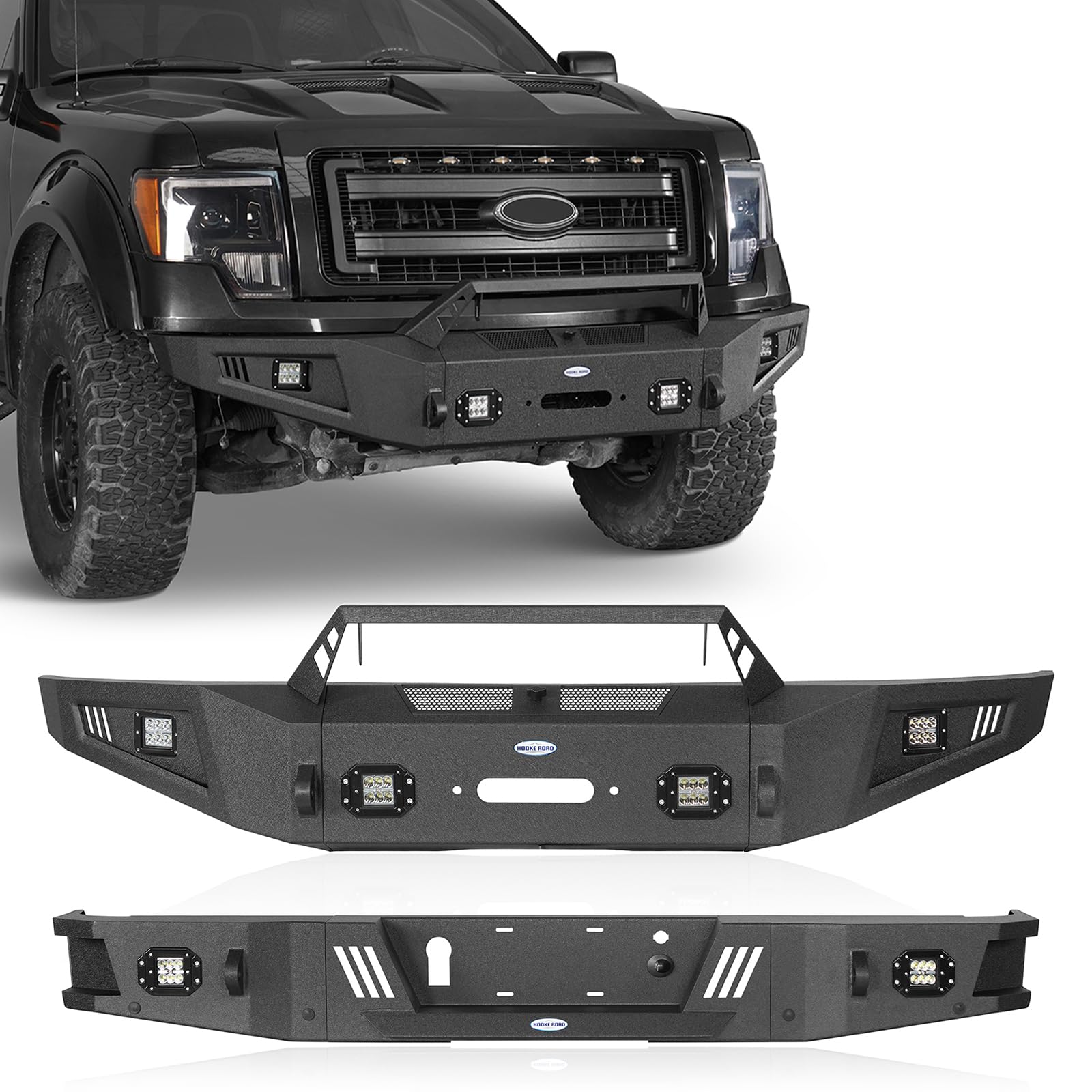 Hooke Road for Ford F150 09-14 Steel Front Winch Bumper + Rear Bumper Compatible with F-150 2009 2010 2011 2012 2013 2014 (Excluding Raptor) Pickup Truck