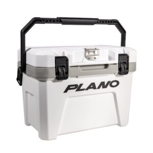 plano frost 21-quart hard cooler, includes dry basket, small, white and black, durable, insulated ice chest for camping, fishing, and tailgating