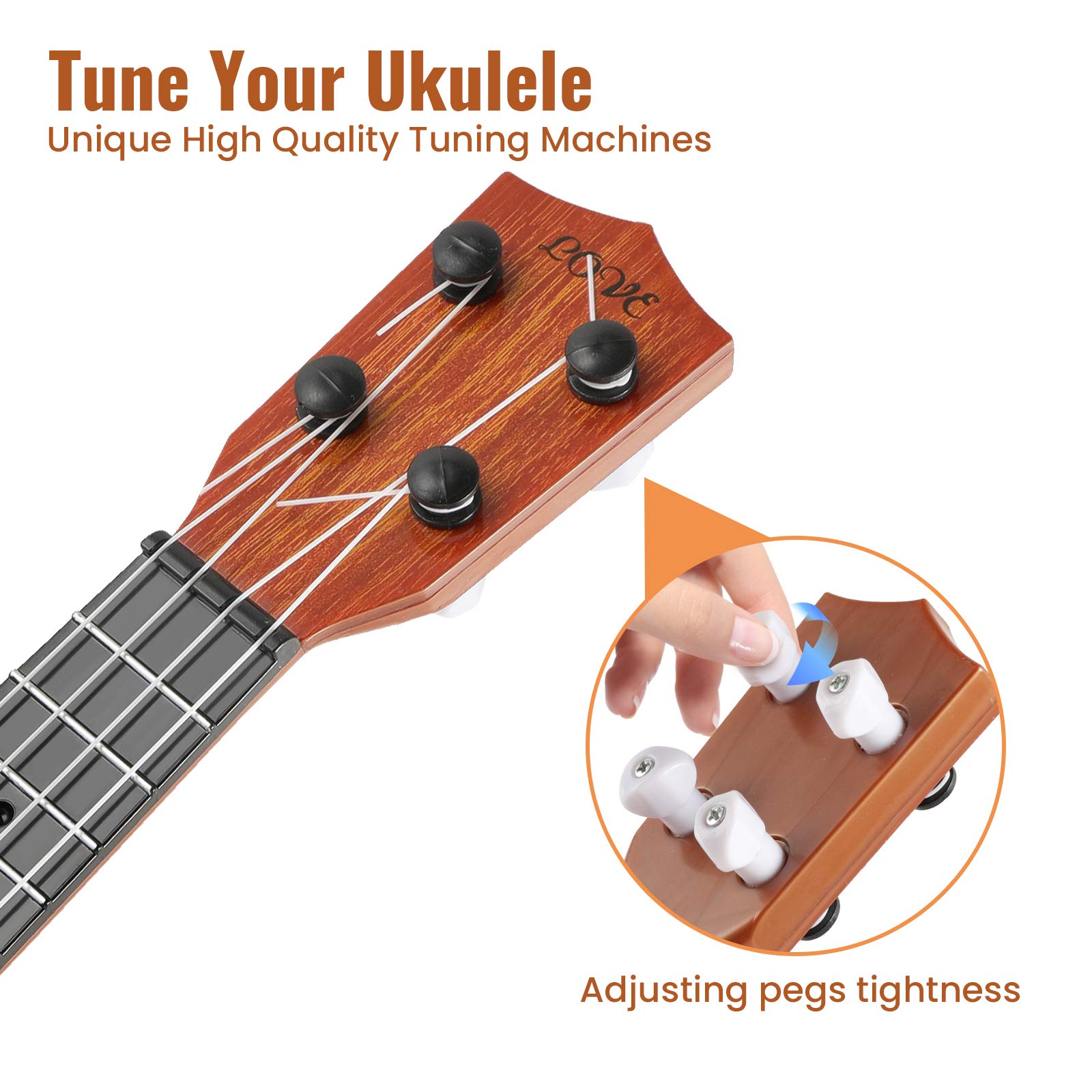 Kids Guitar Ukulele, Musical Instrument for Toddler Ukulele, 4 Strings Guitar for Beginners Ukulele Toy (Brown-Love)