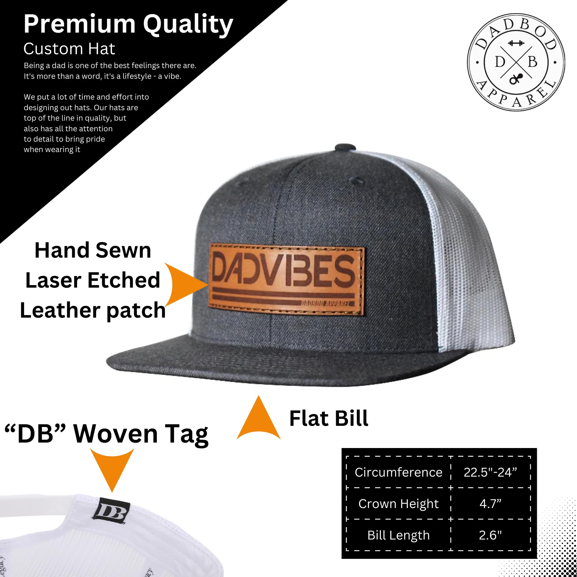 DadBod Apparel DB DadVibes Dad Hat (Charcoal/White) Snapback Baseball Cap Mens Leather Patch Happy Trucker Hats for Girl Dads