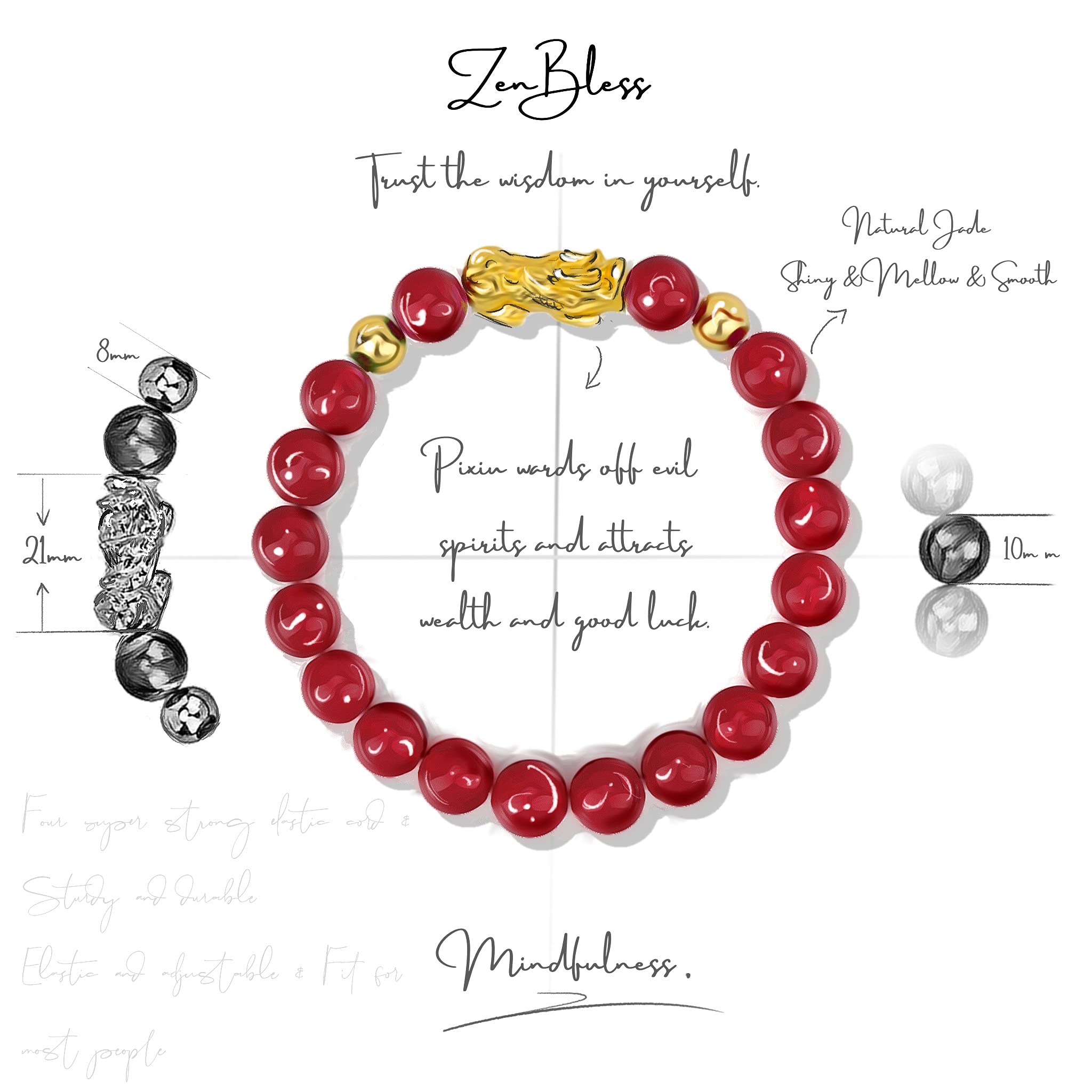 ZenBless Jade Bracelet Feng Shui Bracelet for Women 18k Gold Plated Pixiu Bracelet Yoga Mala Beads Good Luck Friendship Bracelets for Women