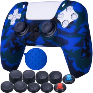 9cdeer 1 piece of silicone transfer print protective cover skin + 10 thumb grips for playstation 5 / ps5 controller paint blue