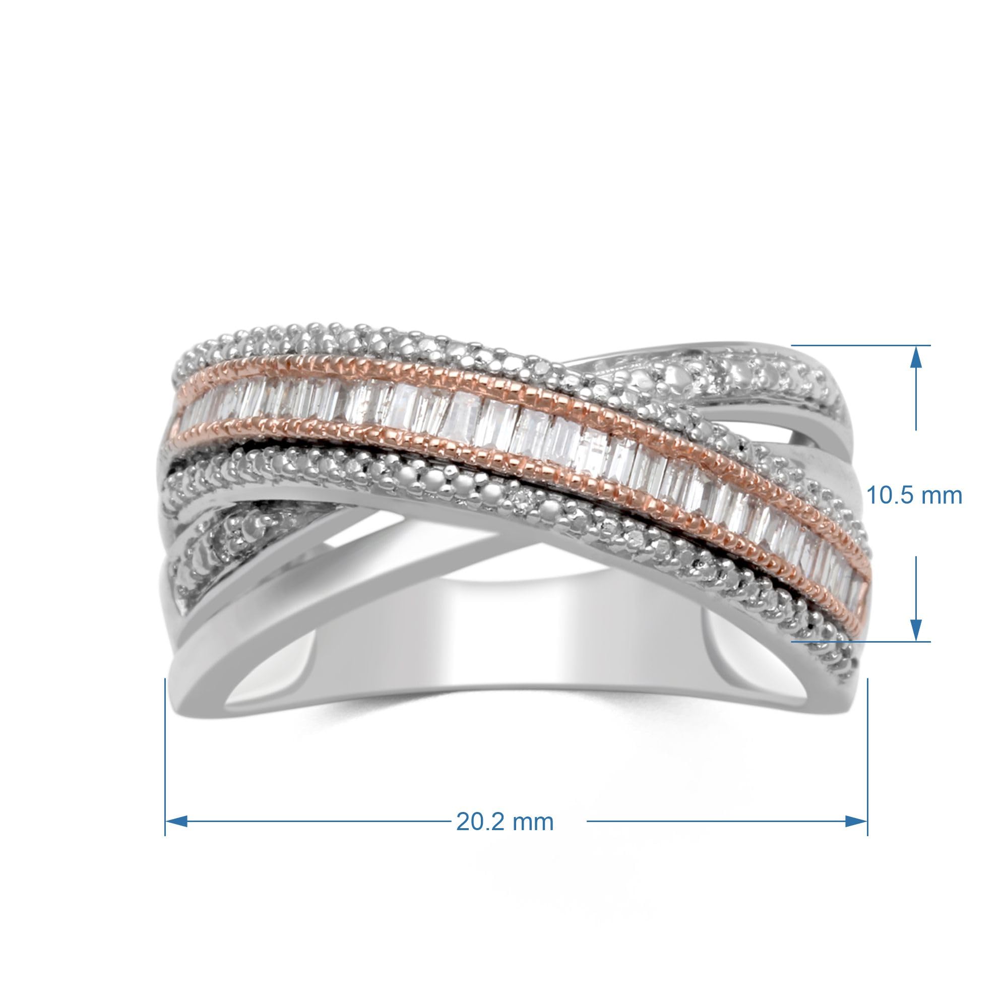 Jewelili 10k rose gold and sterling silver 1/4 Cttw natural white round and baguette shape diamond ring, size 7