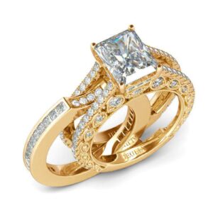 jeulia wedding radiant cut ring: 3pc cz diamond engagement ring set promise anniversary rings with side stones romantic jewelry gift for her with gift box (yellow gold, 9.5)