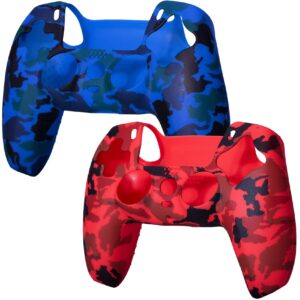 9CDeer 2 Pieces of Silicone Transfer Print Protective Cover Skin +10 Thumb Grips for PS5 Controller paint Red & Blue