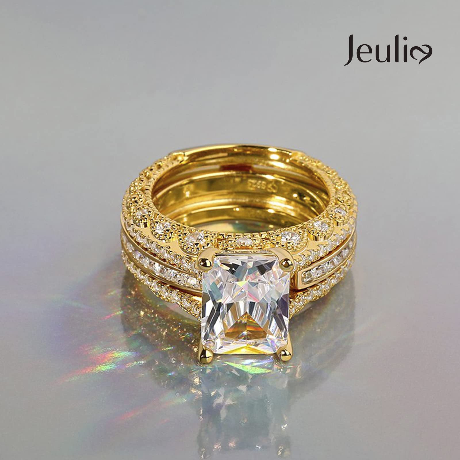 Jeulia Wedding Radiant Cut Ring: 3PC CZ Diamond Engagement Ring Set Promise Anniversary Rings with Side Stones Romantic Jewelry Gift for Her with Gift Box (Yellow Gold, 9.5)