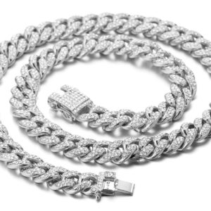 Halukakah Diamond Cuban Link Chain for Women 13.5MM Platinum White Gold Finish Choker Necklace 16",Full Cz Diamond Cut Prong Set,with Giftbox