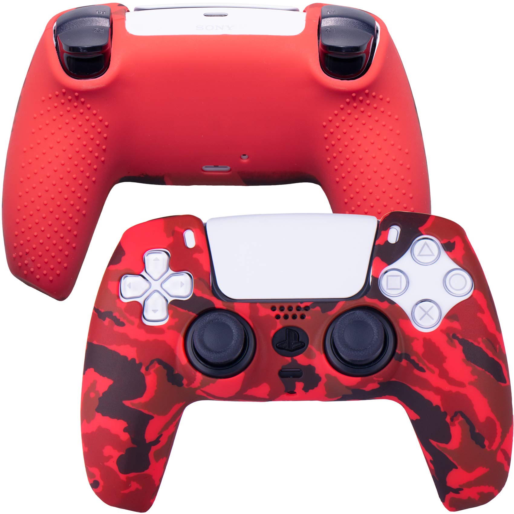 9CDeer 2 Pieces of Silicone Transfer Print Protective Cover Skin +10 Thumb Grips for PS5 Controller paint Red & Blue