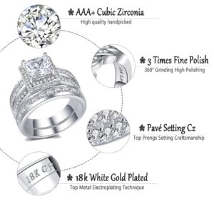 CEJUG 3Ct Wedding Rings for Women Princess Engagement Ring Set Bands 18k White Gold Plated Halo Cz Size 7