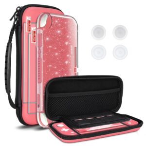 dlseego carrying case for nintendo switch lite, newest design portable travel carrying case 4 in 1 accessories kit with 1 pcs glitter case, 2 pcs screen protectors and 4 pcsthumb grips caps -- pink