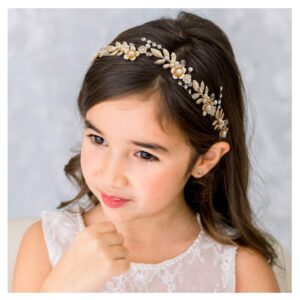 sweetv flower girl hair accessories for wedding headpieces flower-leaf girls headband princess crystal pearl hair pieces for birthday party, first communion