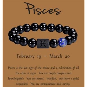 12 Constellations Natural Black Onyx Bead Bracelet Star Sign Constellation Horoscope Couple Bracelet Handmade Stretch Distance Friendship Couple Bracelet Elastic Blessing Bracelet Gifts - Pisces