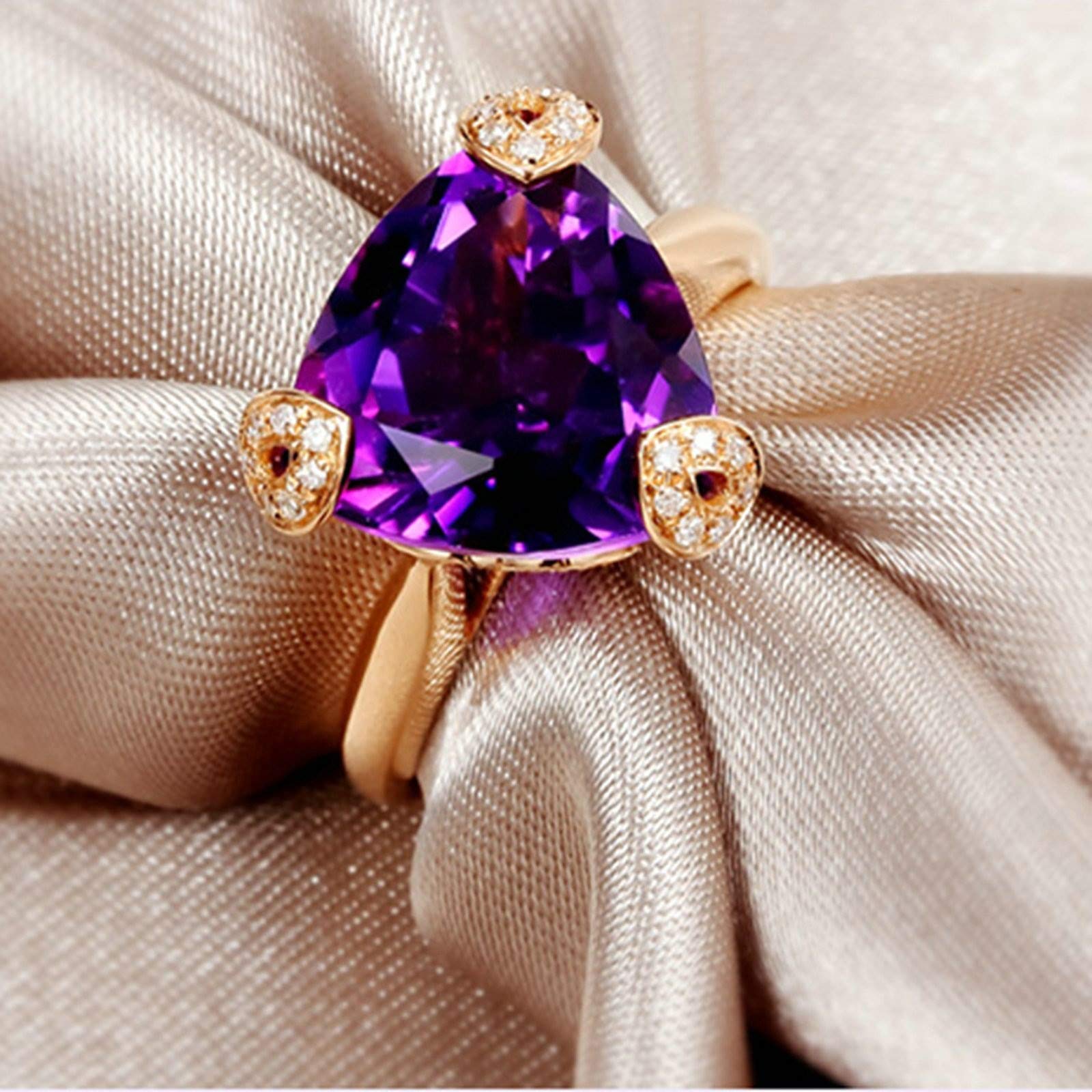 KnBoB Women Teardrop Triangle Shape 6ct Amethyst Ring 18K Rose Gold Promise Wedding Engagement Bridal Anniversary Ring Size 6