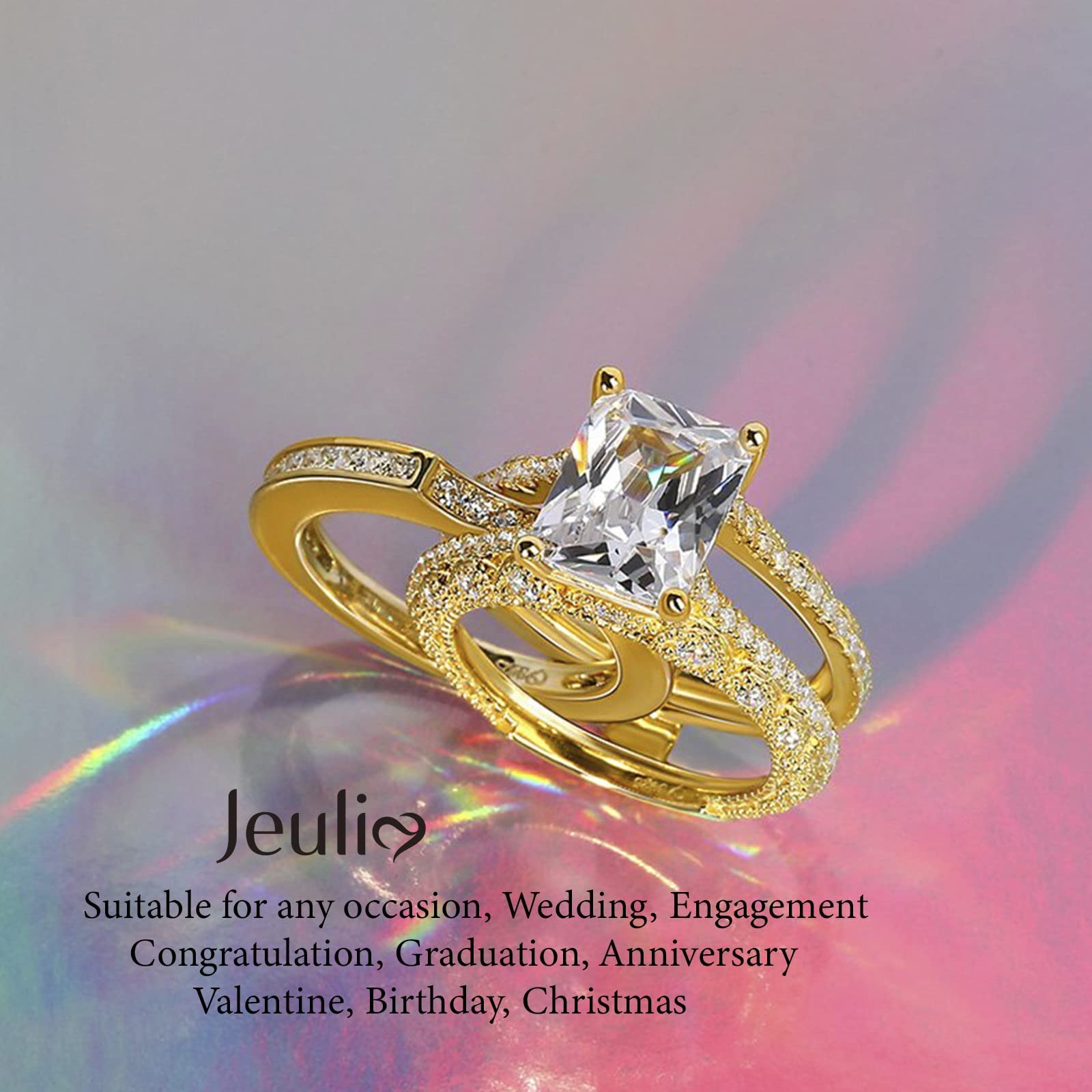 Jeulia Wedding Radiant Cut Ring: 3PC CZ Diamond Engagement Ring Set Promise Anniversary Rings with Side Stones Romantic Jewelry Gift for Her with Gift Box (Yellow Gold, 9.5)