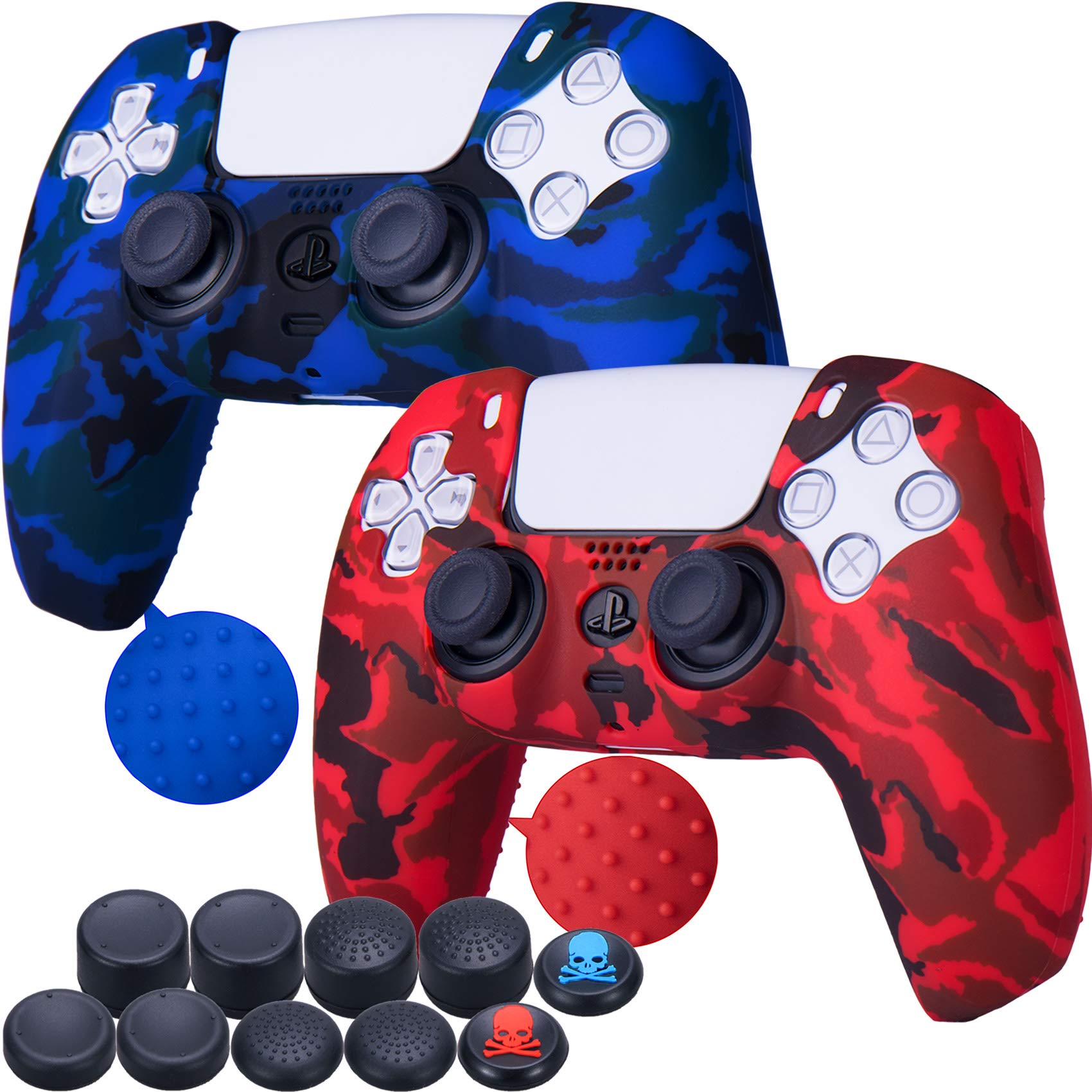 9CDeer 2 Pieces of Silicone Transfer Print Protective Cover Skin +10 Thumb Grips for PS5 Controller paint Red & Blue