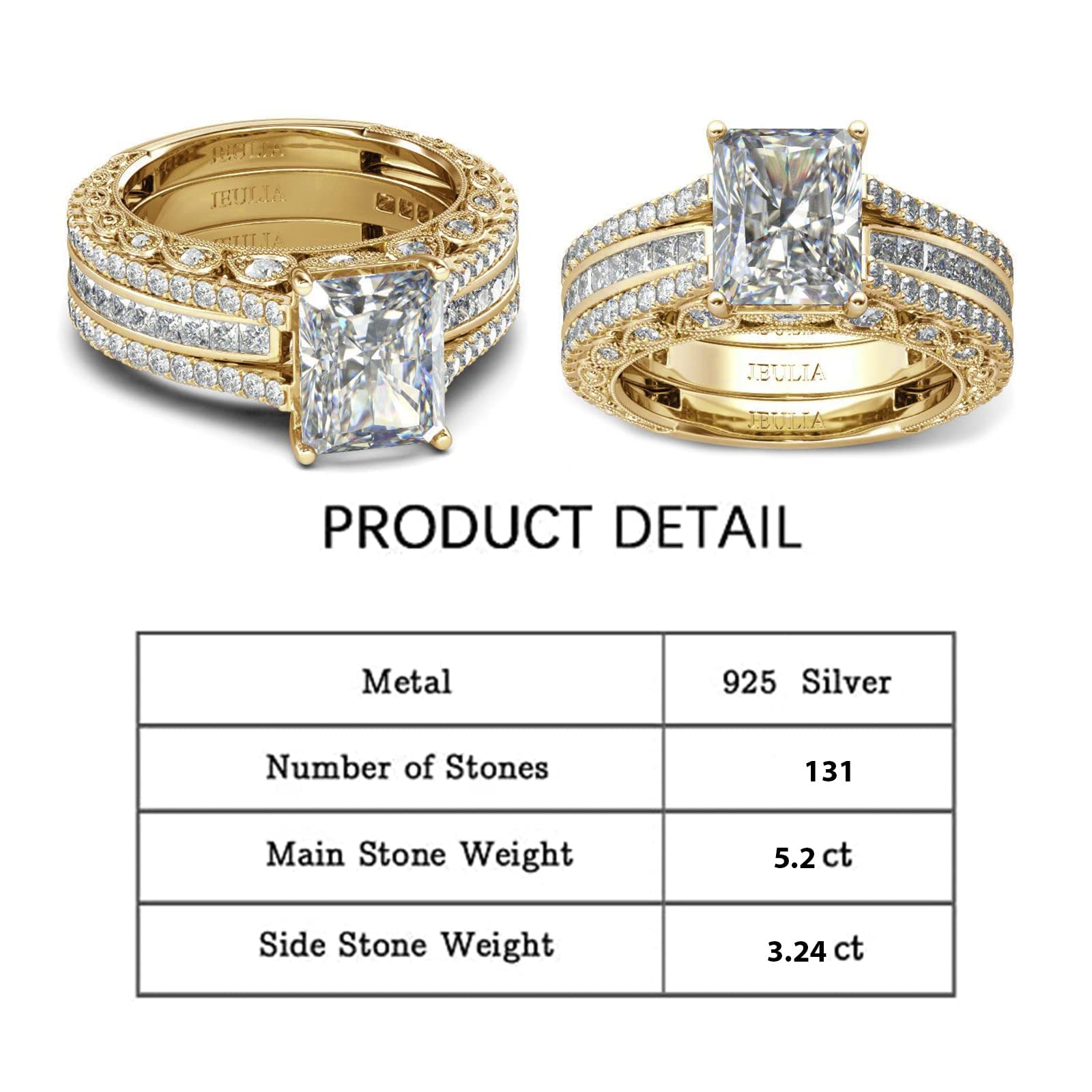 Jeulia Wedding Radiant Cut Ring: 3PC CZ Diamond Engagement Ring Set Promise Anniversary Rings with Side Stones Romantic Jewelry Gift for Her with Gift Box (Yellow Gold, 9.5)