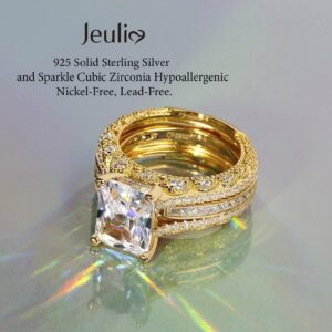 Jeulia Wedding Radiant Cut Ring: 3PC CZ Diamond Engagement Ring Set Promise Anniversary Rings with Side Stones Romantic Jewelry Gift for Her with Gift Box (Yellow Gold, 9.5)