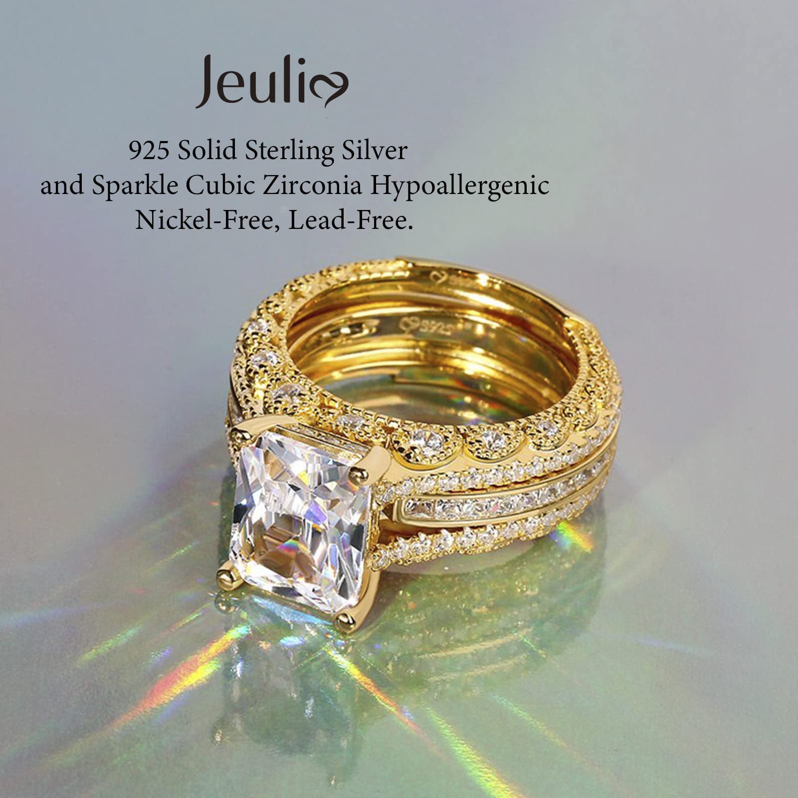 Jeulia Wedding Radiant Cut Ring: 3PC CZ Diamond Engagement Ring Set Promise Anniversary Rings with Side Stones Romantic Jewelry Gift for Her with Gift Box (Yellow Gold, 9.5)