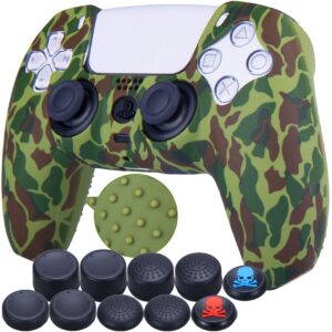 9cdeer 1 piece of silicone transfer print protective cover skin + 10 thumb grips for playstation 5 / ps5 controller dark green