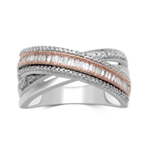 jewelili 10k rose gold and sterling silver 1/4 cttw natural white round and baguette shape diamond ring, size 7