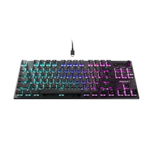 roccat vulcan tkl mechanical pc tactile gaming keyboard, compact, tenkeyless, titan switch optical, rgb aimo lighting, anodized aluminum top plate, detachable usb-c cable, low profile design, black