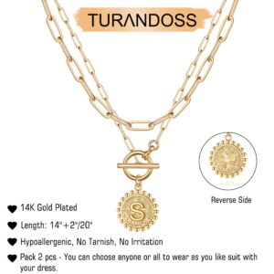 Turandoss Gold Initial Necklaces for Women, 14K Gold Plated Dainty Layering Paperclip Link Chain Necklace Personalized Coin Pendat S Initial Necklaces for Women Gold Jewelry Gifts