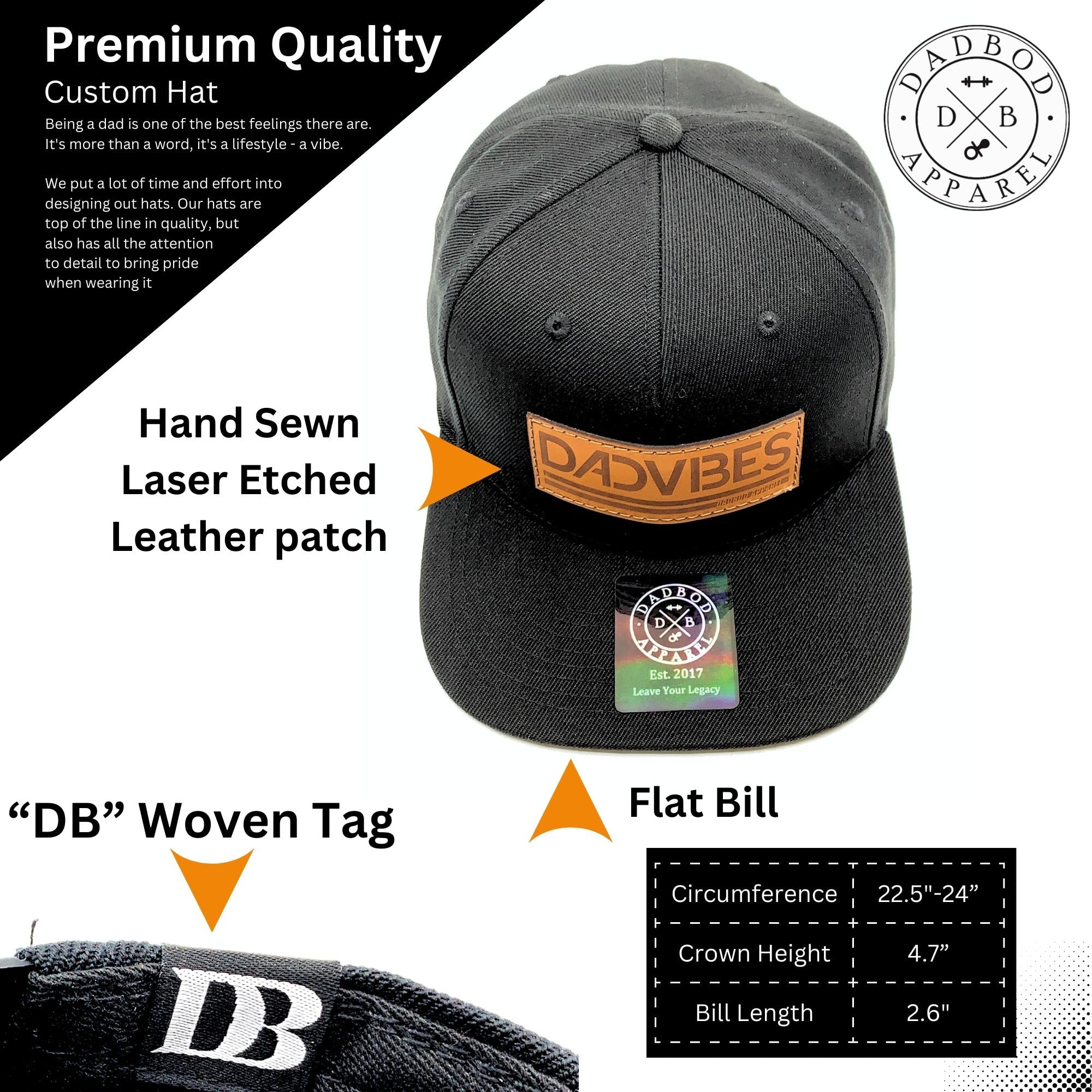 DadBod Apparel DB DadVibes Dad Hat (Black) Snapback Baseball Cap Mens Leather Patch Happy Trucker Hats for Girl Dads