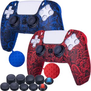 9cdeer 2 pieces of silicone transfer print protective cover skin + 10 thumb grips for playstation 5 / ps5 controller foliage red & blue