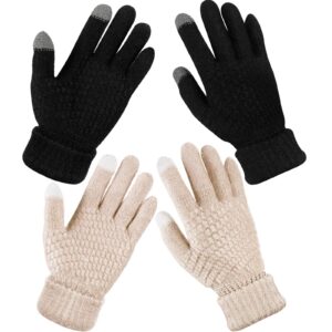 2 pairs women's winter touchscreen gloves warm fleece lined knit gloves elastic cuff winter texting gloves (black, beige)