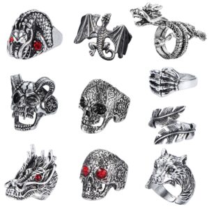 fiasaso 10 pcs vintage punk rings for men women octopus dragon snake ring adjustable cool gothic ring set jewelry skull …