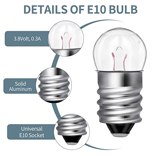 Honoson 20 Pieces E10 Miniature Screw Light Bulbs Replacement E10 Mini Bulb for Physical Electrical Experiment Screw Base Indicator Light Incandescent Bulb (3.8V, 0.3A)