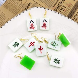 Funny The Chinese Mahjong Drop Earrings Handmade Resin Mahjong Dangle Earrings Geometric Creative Play Gambling Exaggerated Earring for Women Friendship Jewelry