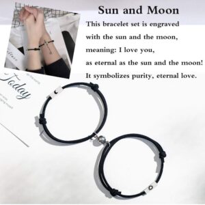 4PCS Sun and Moon Couple Promise Jewelry Set Black Hand-Woven Bracelets Couple Opening Rings for Lovers Best Friends