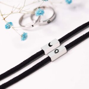 4PCS Sun and Moon Couple Promise Jewelry Set Black Hand-Woven Bracelets Couple Opening Rings for Lovers Best Friends