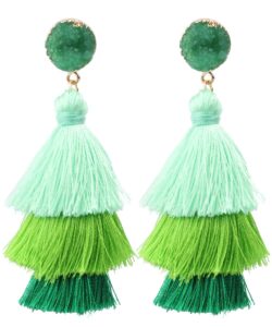 rave envy green ombre tassel earrings for women - colorful layered tassle dangle drop earrings