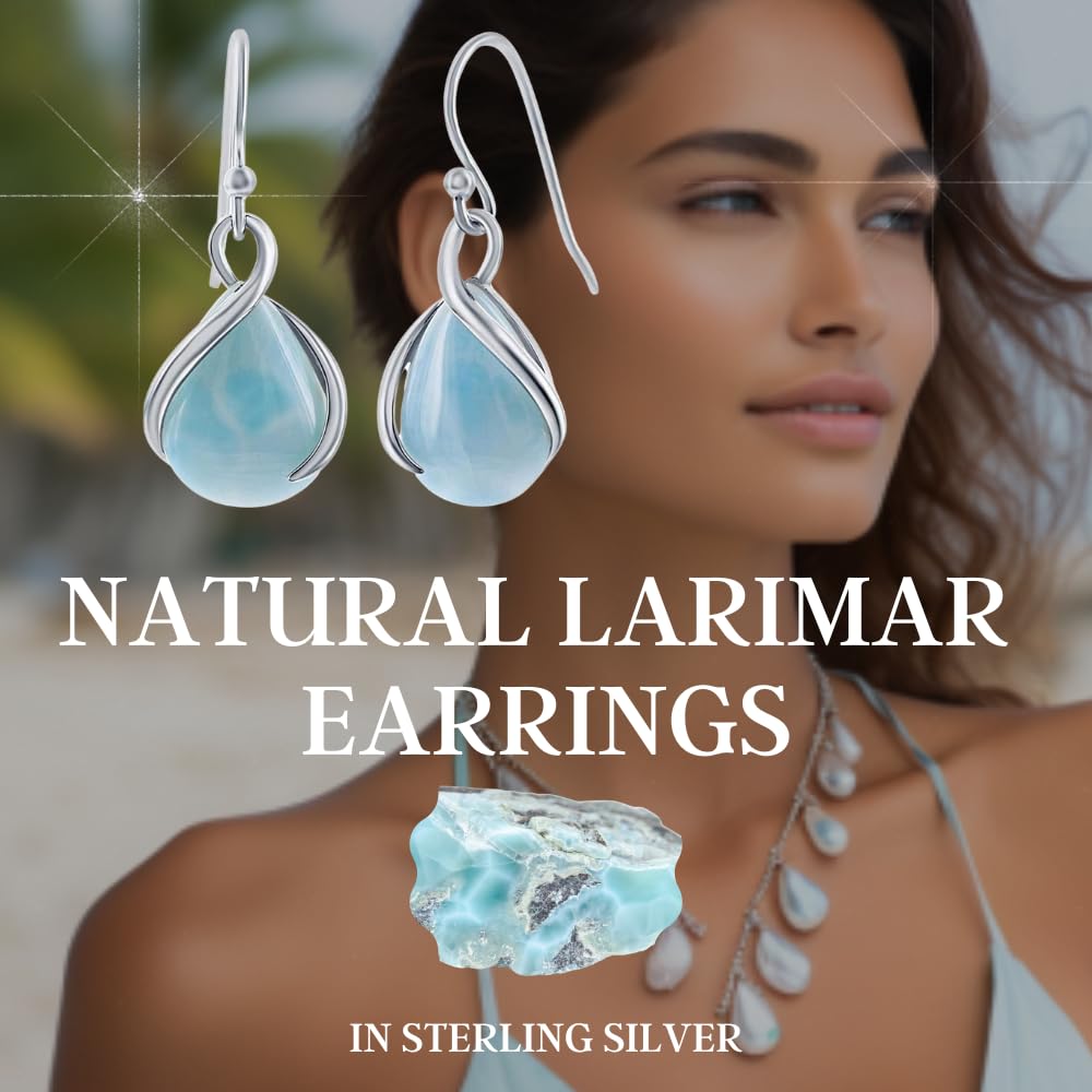 Larimar Earrings for Women - Blue Earrings Dangle - Gemstone Earrings for Women - Teardrop Blue Drop Earrings for Women - Blue and Silver Earrings - Larimar Jewelry - Teardrop Dangle Earrings