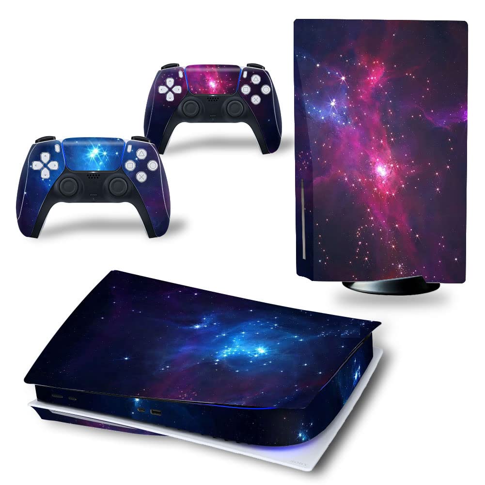 UUShop Skin Sticker Decal Cover for PS5 CD Disk Edition Console and Controllers Purple Starry Sky