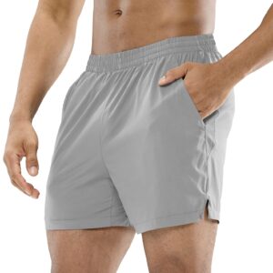 MIER Men's Workout Running Shorts Quick Dry Active 5 Inches Shorts with Pockets, Lightweight and Breathable, Light Grey, M