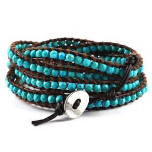 miss rabbit boho layered leather bracelet for women, handmade natural stone beaded 5 wrap bracelets for women blue turquoise beads bohemian bracelet jewelry (boho turquoise)