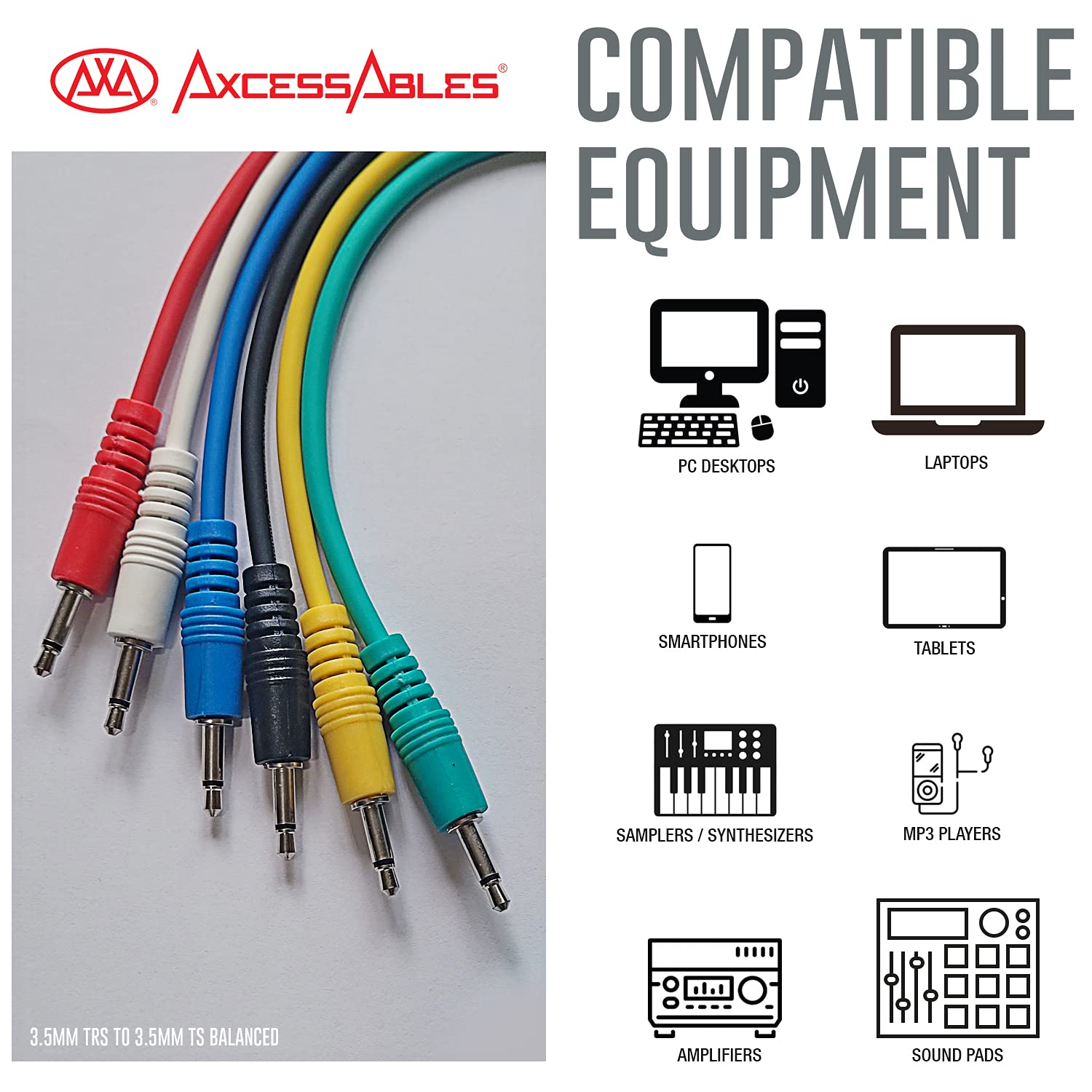 AxcessAbles 1/8 inch (3.5mm) TS to 1/8 inch (3.5mm) TS Unbalanced Mono Patch Cables | Modular Synth Cables | TS Aux Cords| Eurorack Audio Cables | 3.5mm TS Aux Cords 6 Pack (3ft)